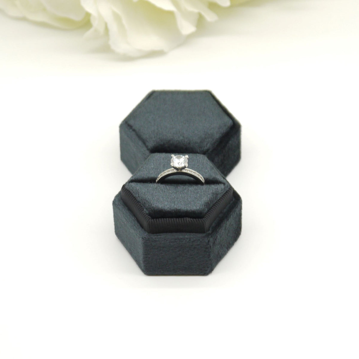 Black Hexagon Velvet Single Ring Box - Bijou Boxes