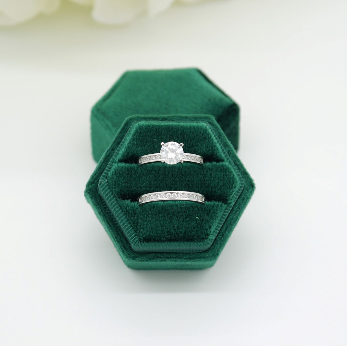 Green Hexagon Velvet Double Ring Box - Bijou Boxes