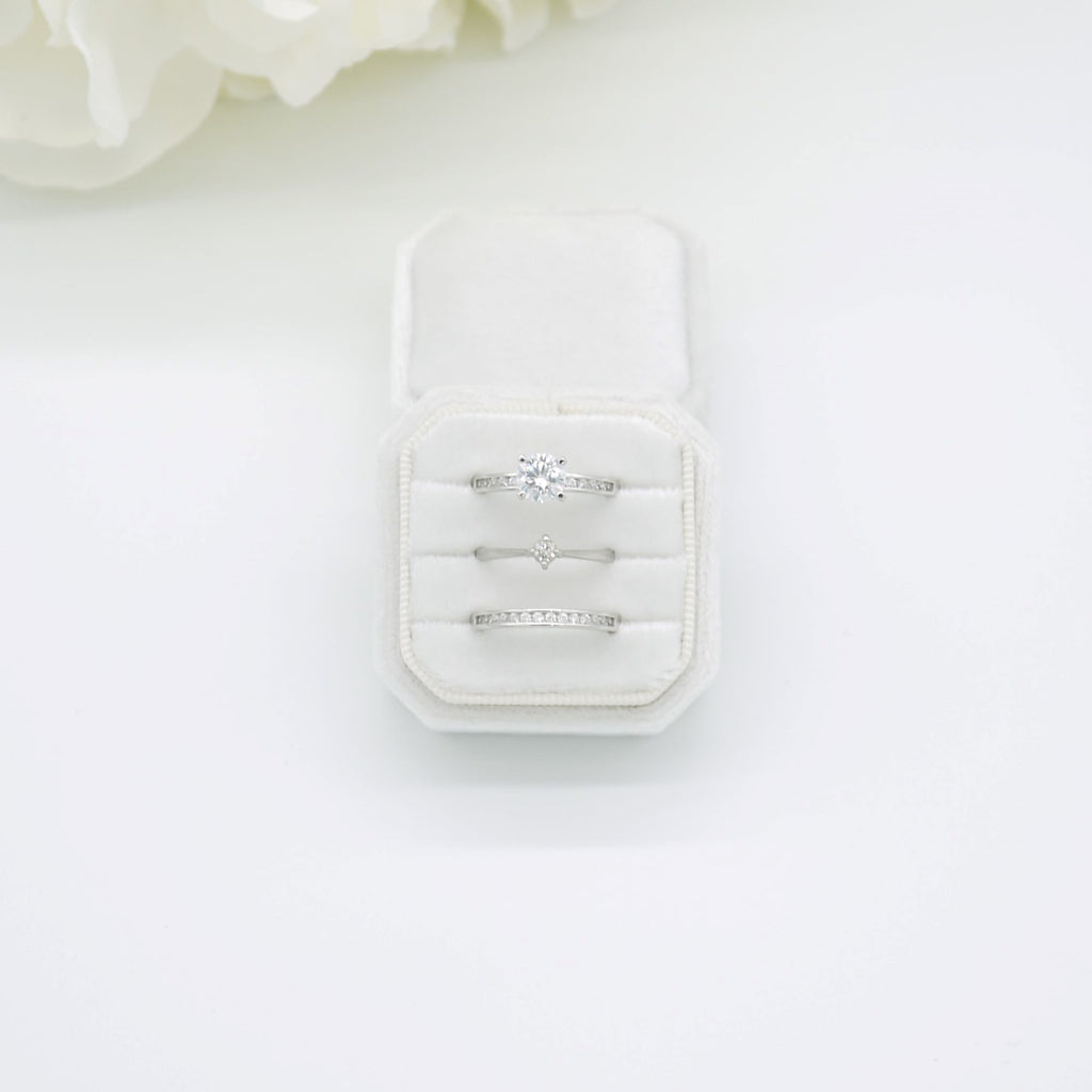 Ivory Square-Octagon Velvet Triple Ring Box - Bijou Boxes