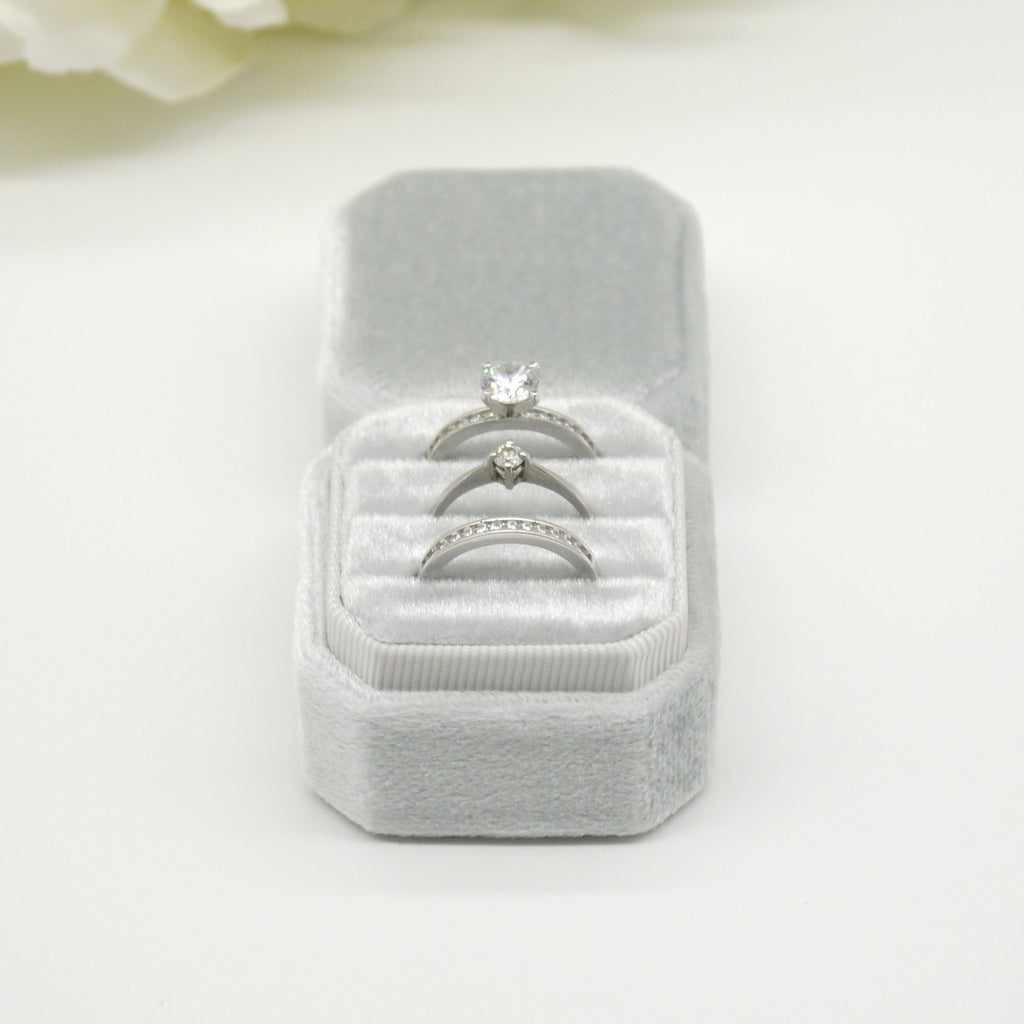 Light Grey Square-Octagon Velvet Triple Ring Box - Bijou Boxes
