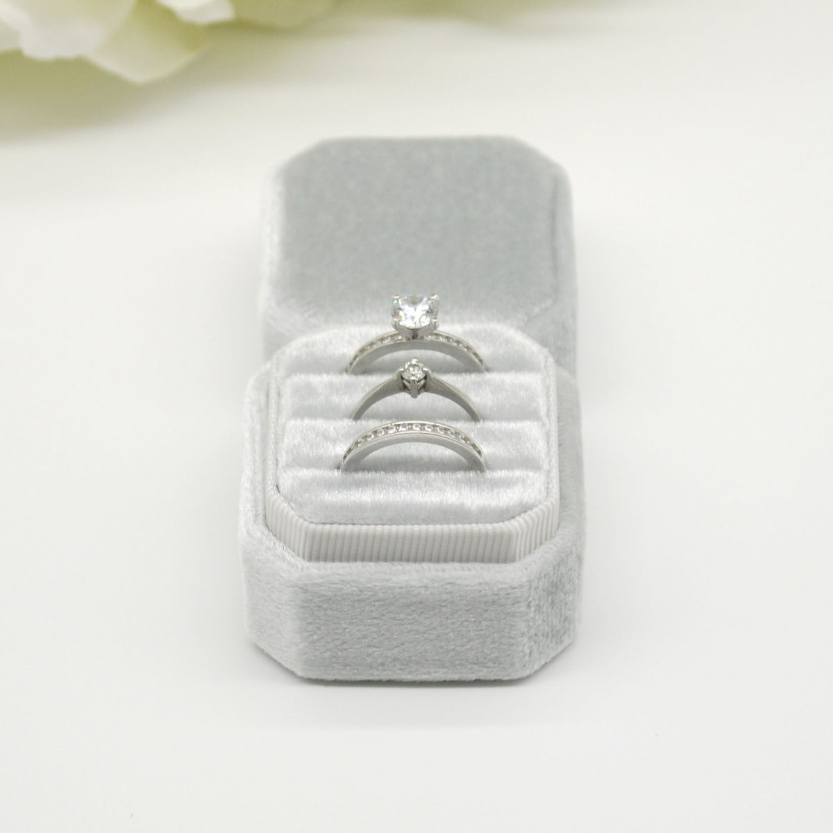 Light Grey Square-Octagon Velvet Triple Ring Box - Bijou Boxes