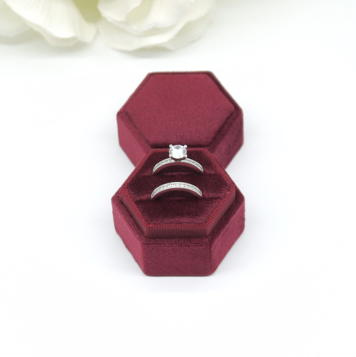 Maroon Hexagon Velvet Double Ring Box - Bijou Boxes