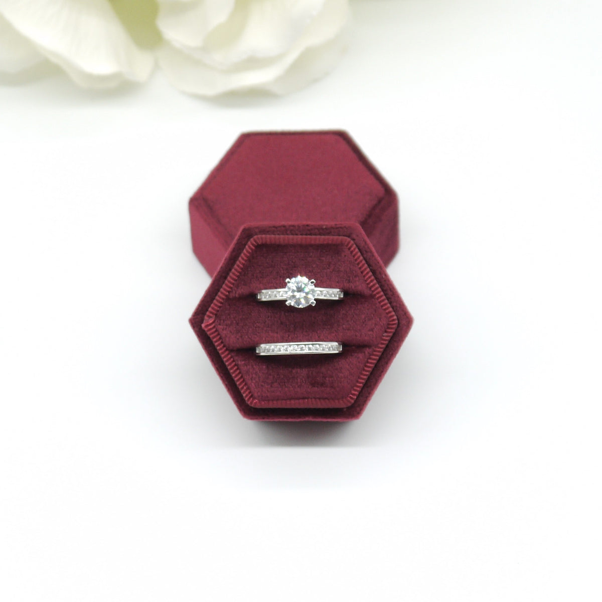 Maroon Hexagon Velvet Double Ring Box - Bijou Boxes