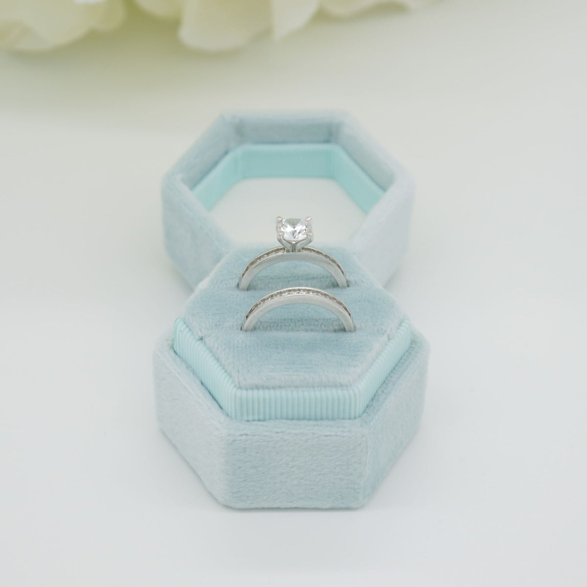 Pale Blue Hexagon Velvet Double Ring Box - Bijou Boxes