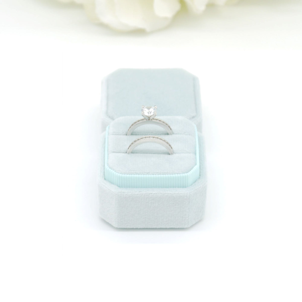 Pale Blue Square-Octagon Velvet Double Ring Box - Bijou Boxes