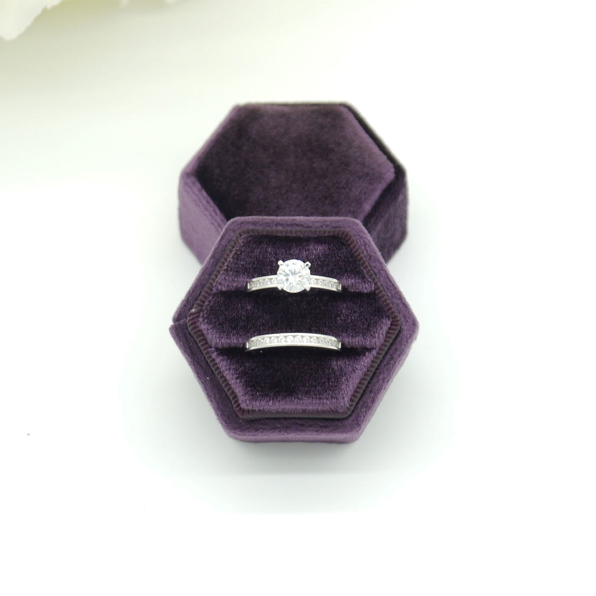 Purple Hexagon Velvet Double Ring Box - Bijou Boxes