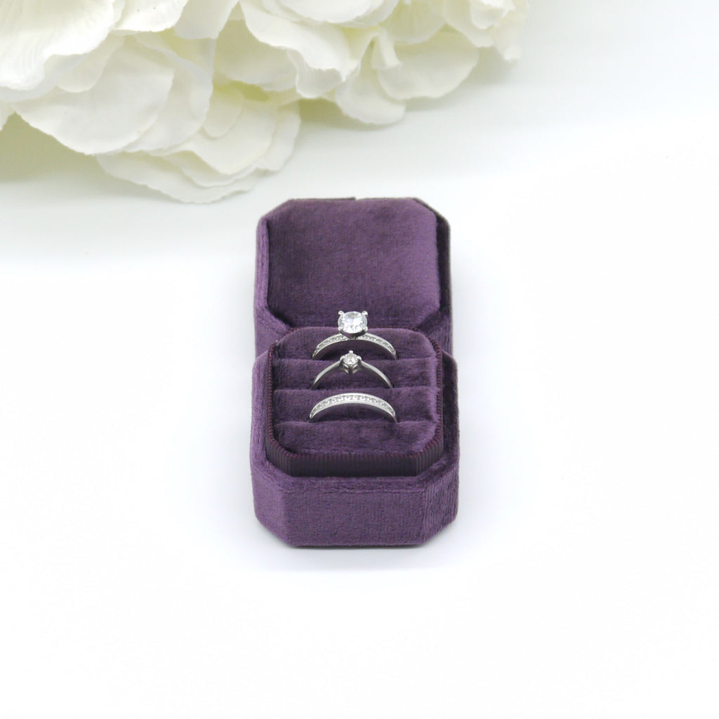 Purple Square-Octagon Velvet Triple Ring Box - Bijou Boxes