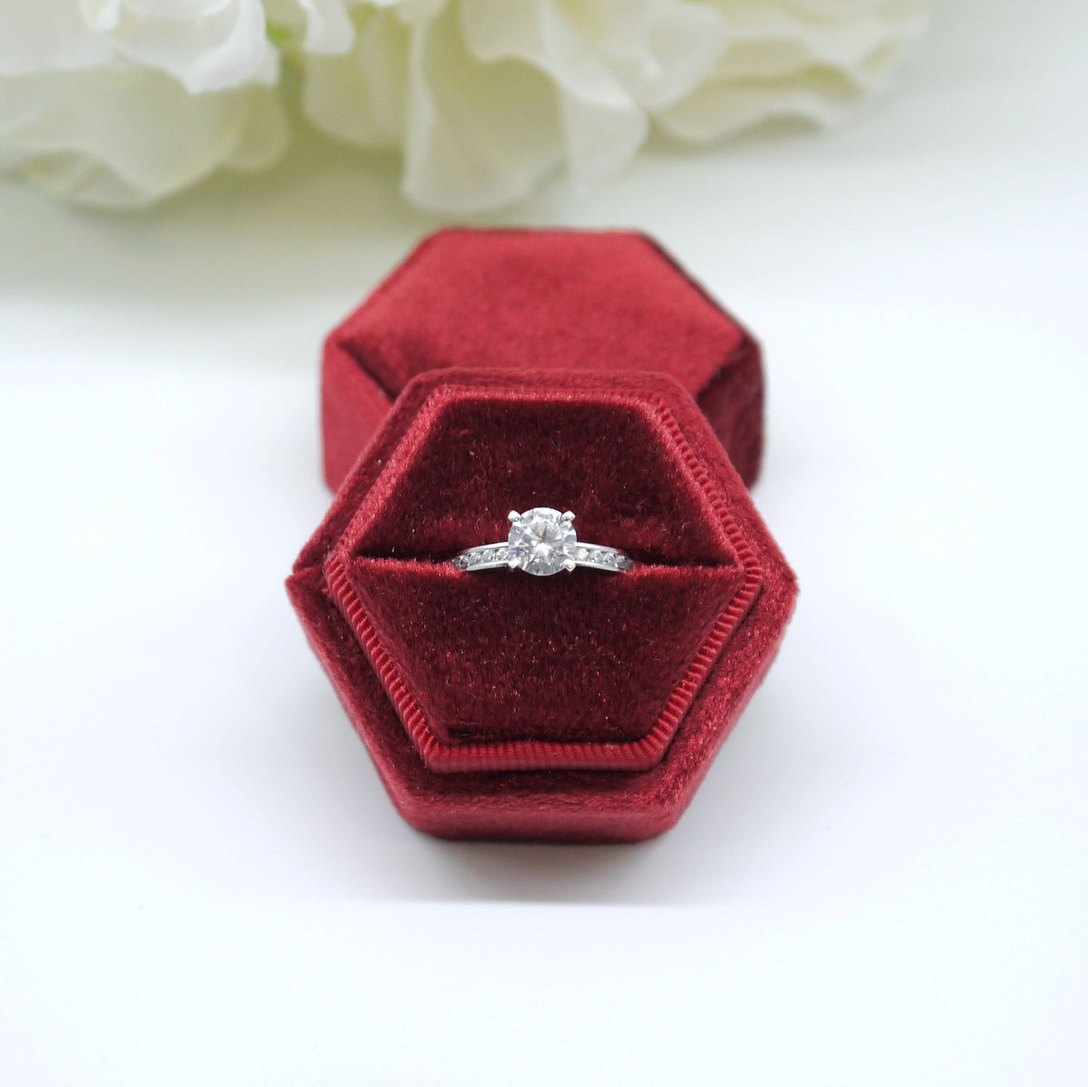 Red Hexagon Velvet Single Ring Box - Bijou Boxes