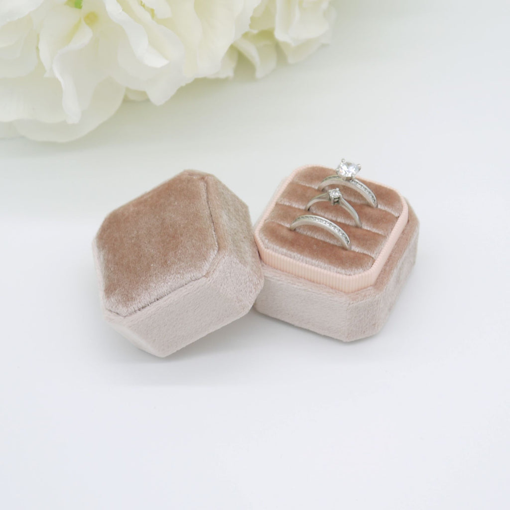 Rose Gold Square-Octagon Velvet Triple Ring Box - Bijou Boxes