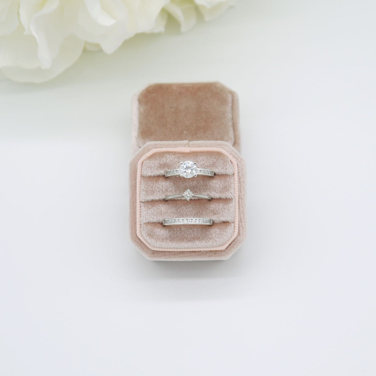 Rose Gold Square-Octagon Velvet Triple Ring Box - Bijou Boxes