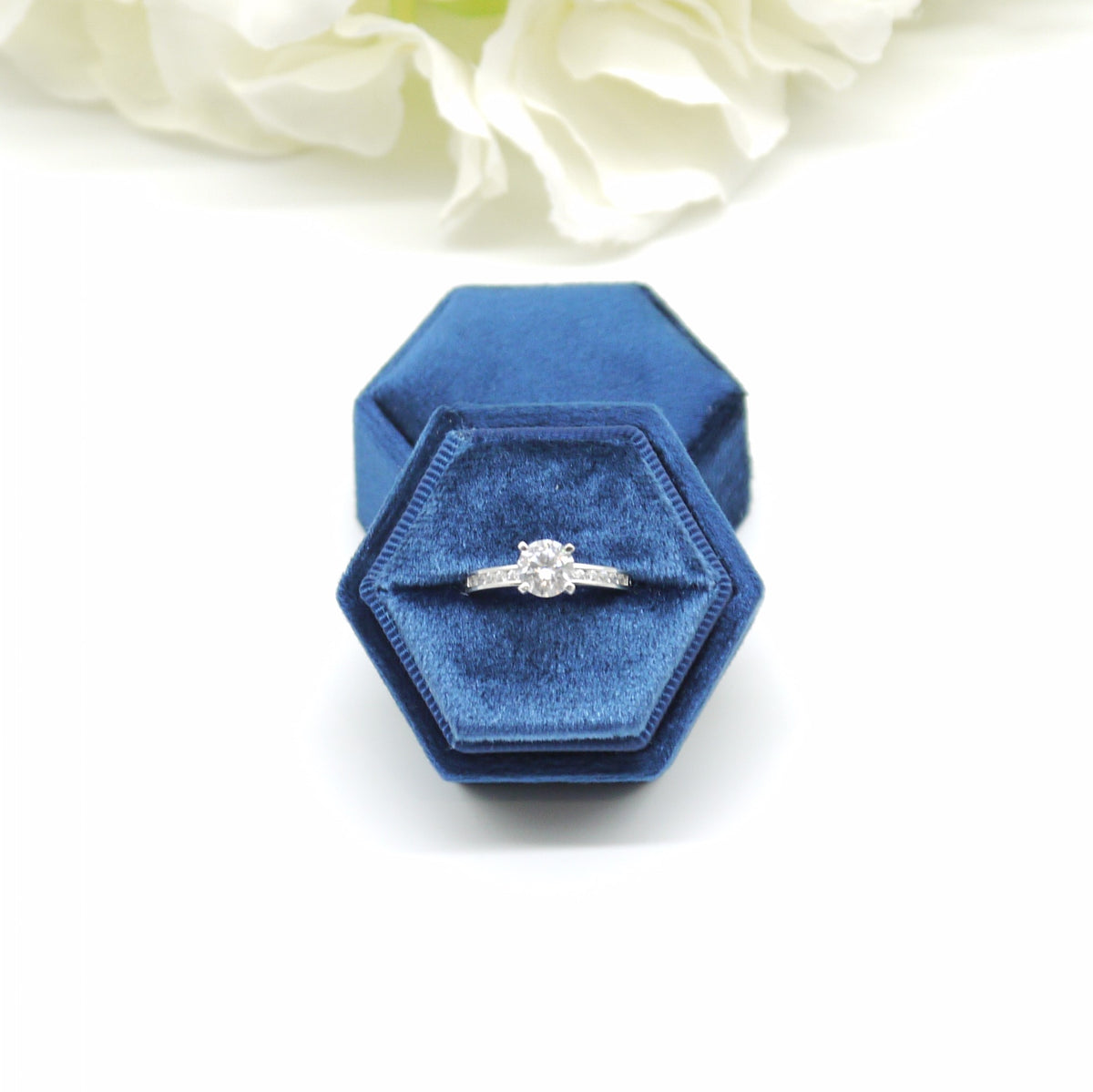 Royal Blue Hexagon Velvet Single Ring Box - Bijou Boxes